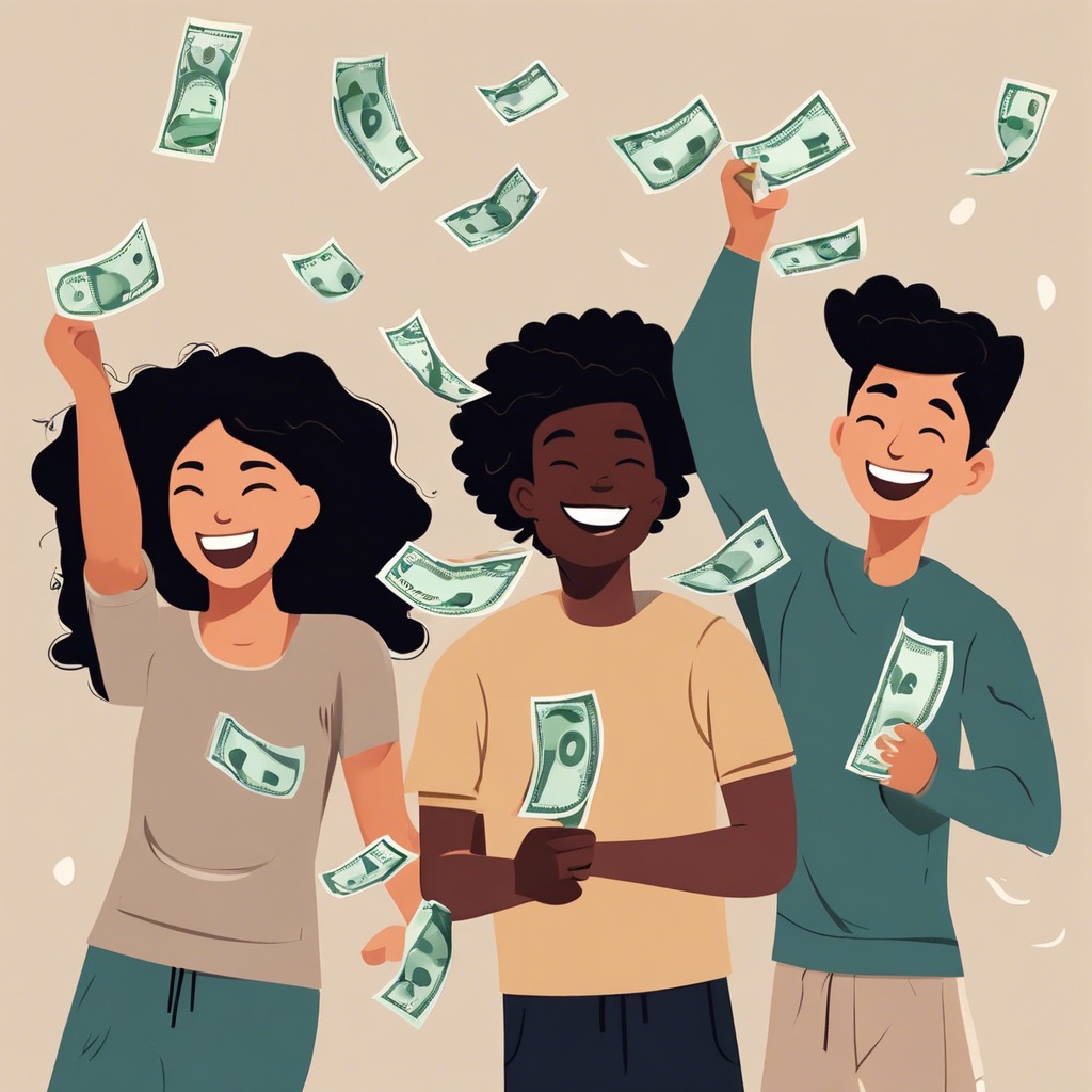 3 happy people celebrating one Asian one black one hispanic holding ...